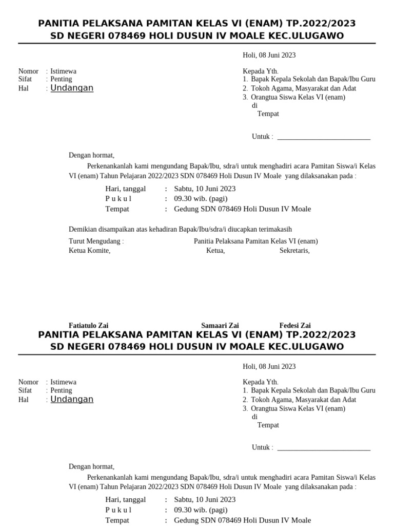 Undangan Pamitan Kelas VI SDN 078469 | PDF