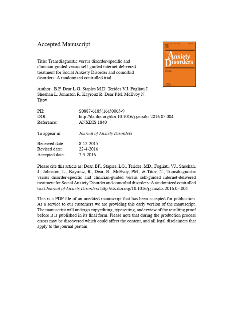 Internet Treatments for Social Anxiety Disorder | PDF | Cognitive ...