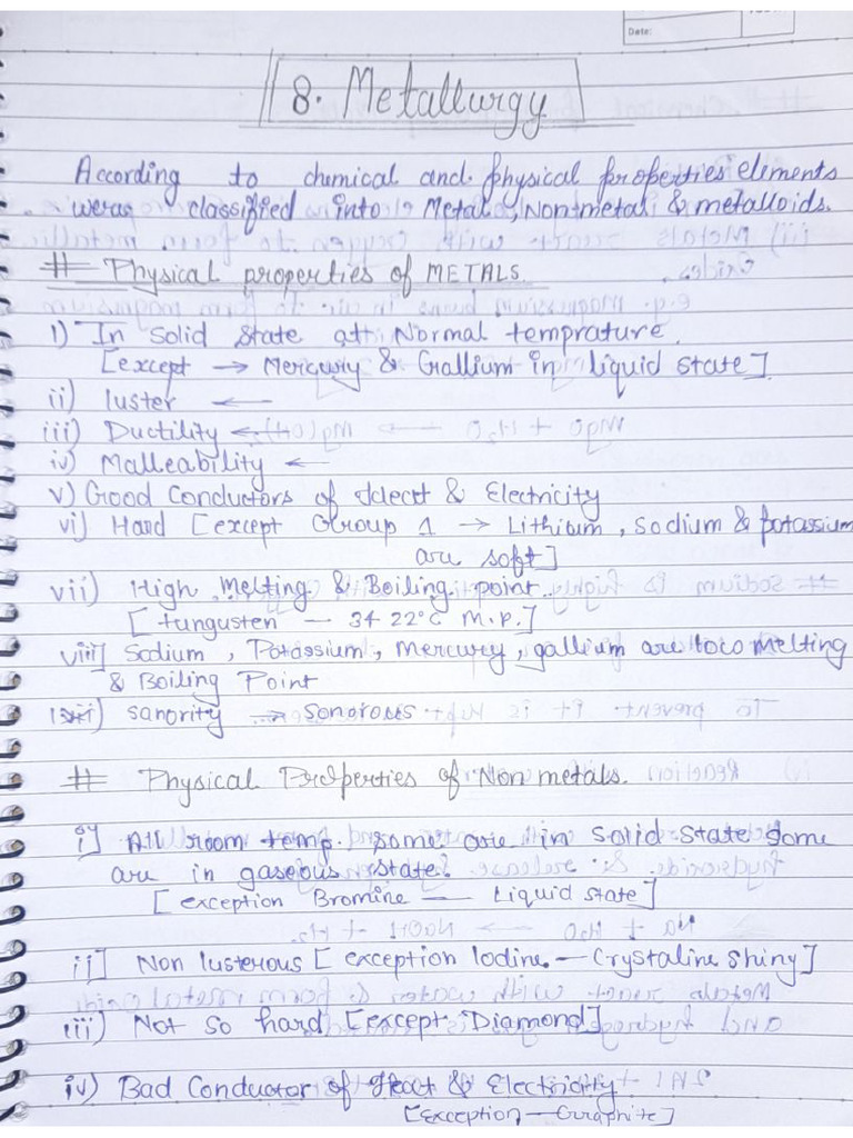 Science 1 Chapter 8 Metallurgy Notes ? | PDF