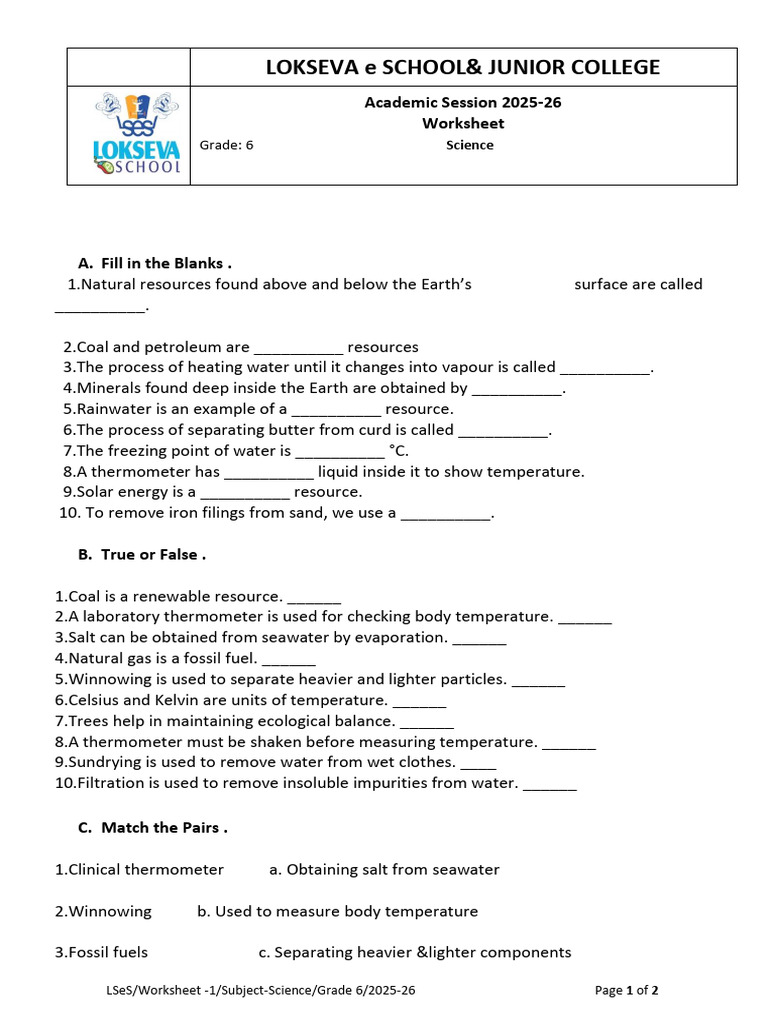 Grade 6 Science Worksheet - 1 | PDF