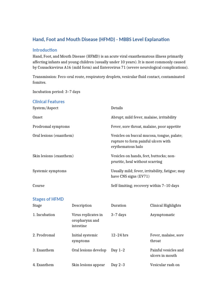 HFMD Clinical Features Stages Complications | PDF | Microbiology ...