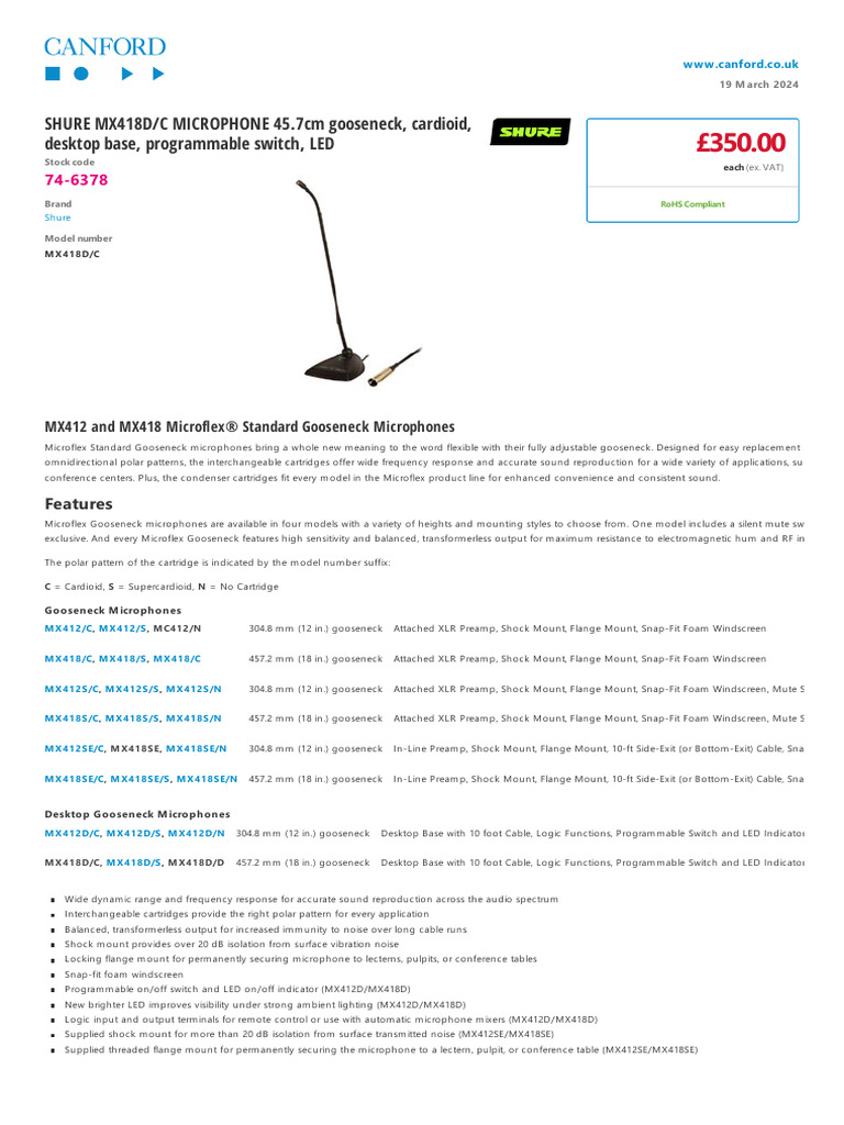 SHURE MX418DC MICROPHONE 45.7cm Gooseneck, Cardioid, Desktop Base ...