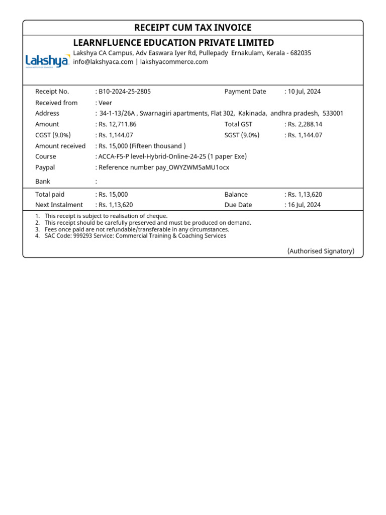 ACCA Course Payment Receipt 2024 | PDF