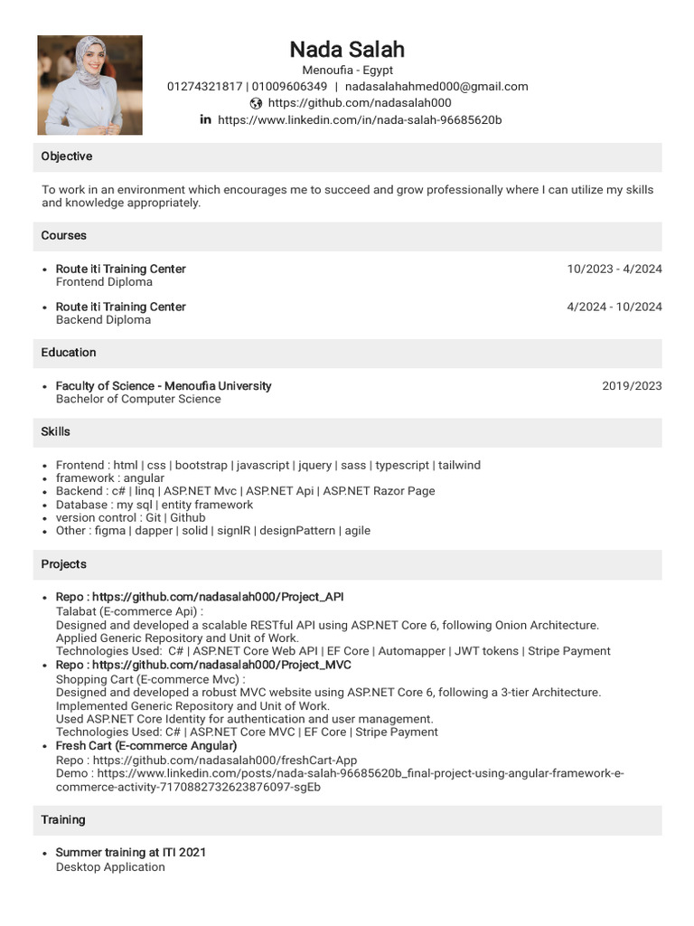 Nada Salah - Full Stack Developer Resume | PDF