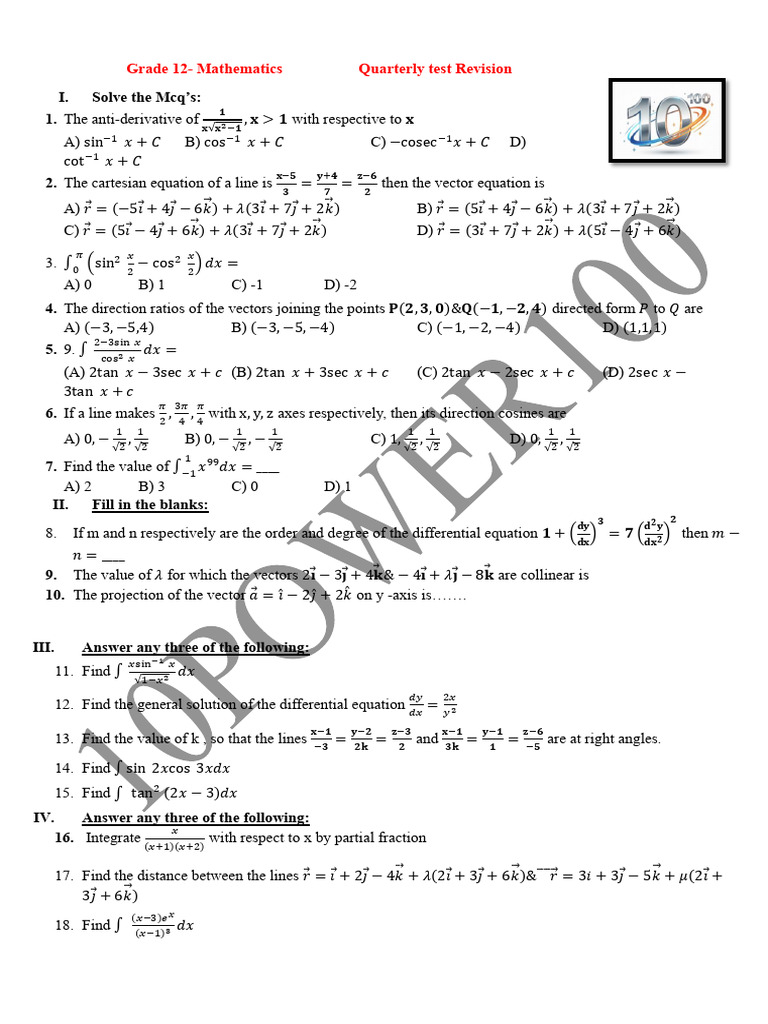 Grade 12 - Quarterly Test Model Paper 1 | PDF | Function (Mathematics ...