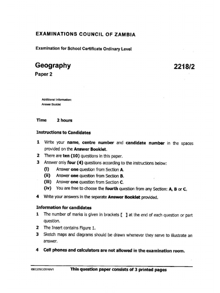 ECZ Grade 12 Geography p2 2016 Specimen | PDF