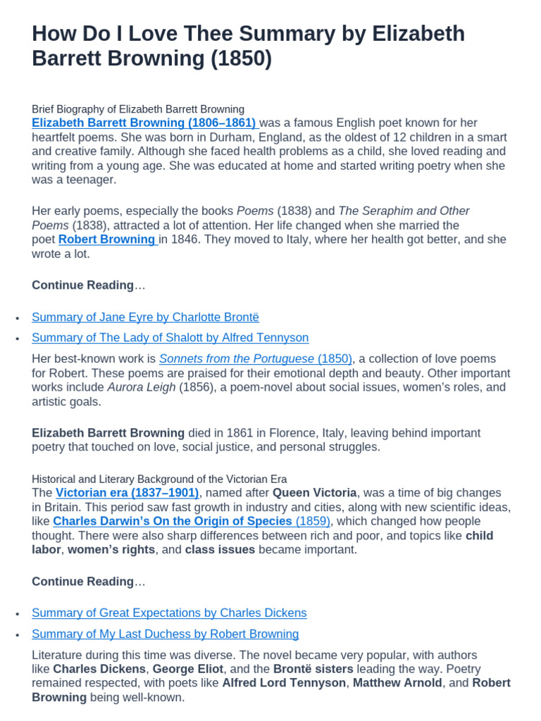 How Do I Love Thee Summary by Elizabeth Barrett Browning | PDF | Love ...