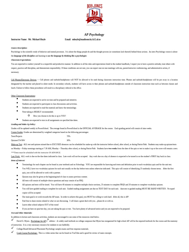 AP Psychology Syllabus - Hoyle | PDF | Multiple Choice | Psychology