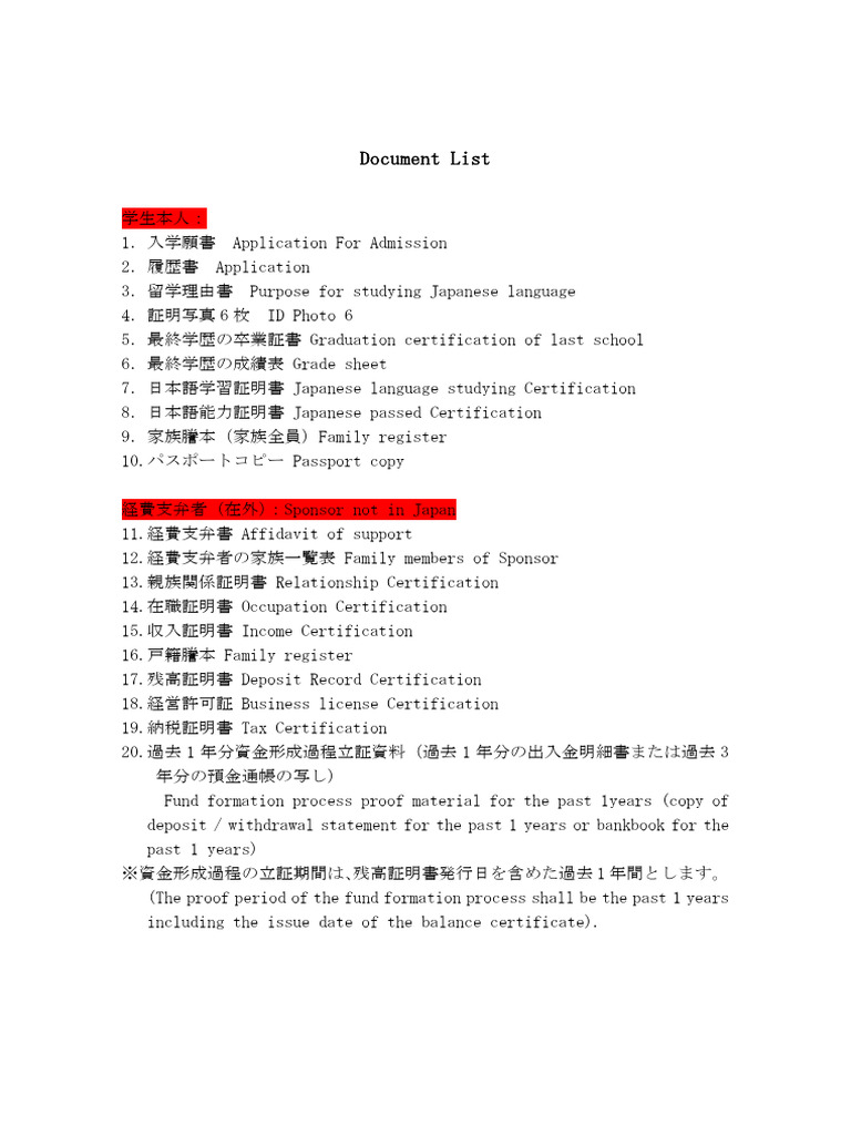 Application Document List English Version | PDF