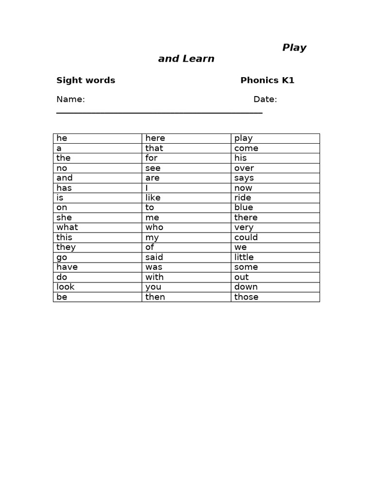 Phonics K1 Sight Words List | PDF