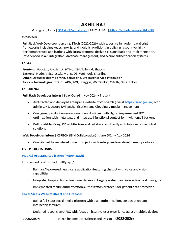 Full Stack Developer Resume - Akhil Raj | PDF