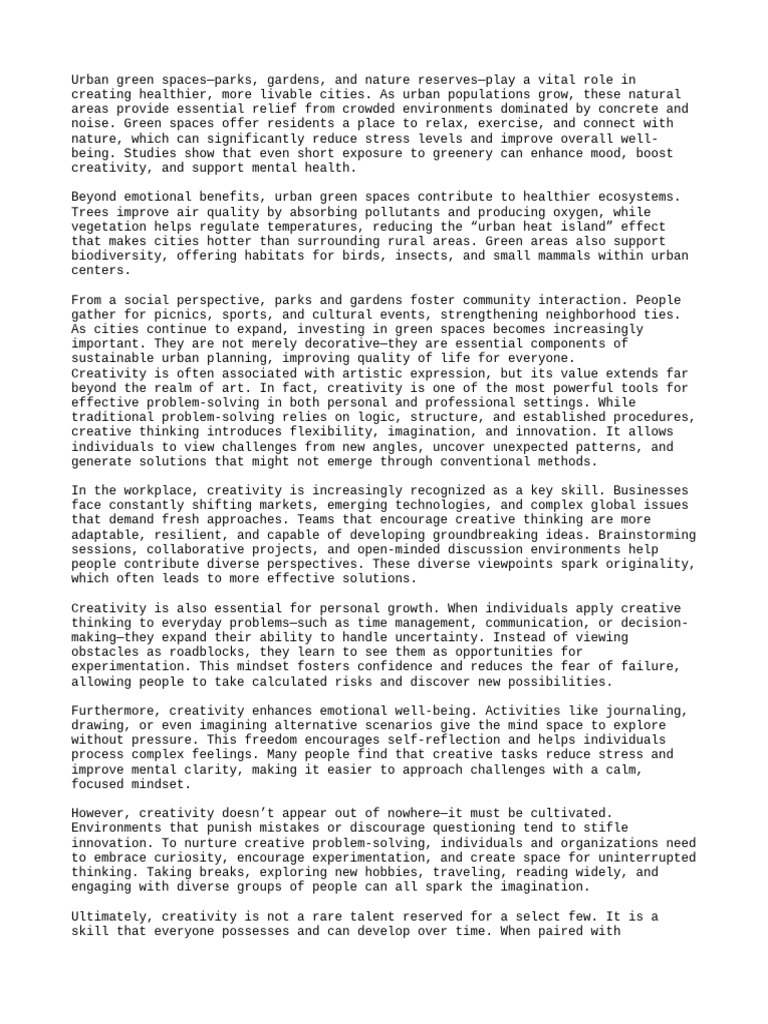 Benefits of Urban Green Spaces | PDF | Creativity | City