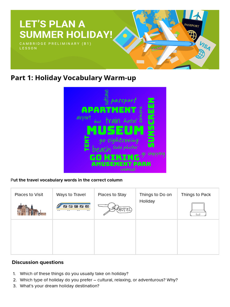 B1 Holiday Vocabulary | PDF | Resort | Hotel