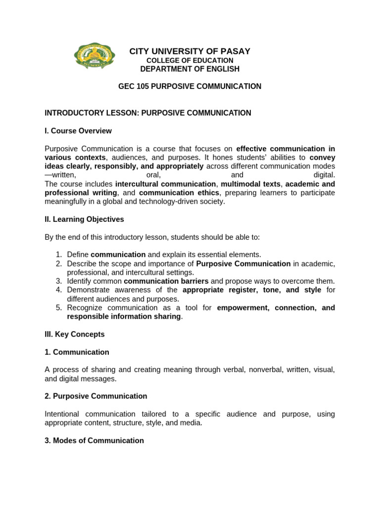 Purposive Communication Lesson 1 | PDF | Communication | Nonverbal Communication