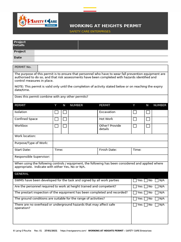 Working at Heights Permit Format | PDF | Working Conditions ...