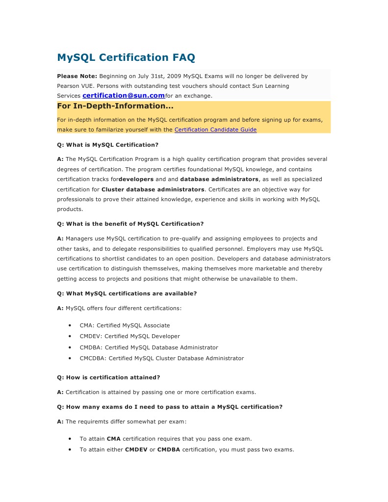 Mysql Certification Faq For In Depth Information Pdf