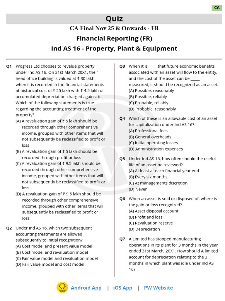 Ind AS 16 MCQ Quiz | PDF | Depreciation | Income Statement