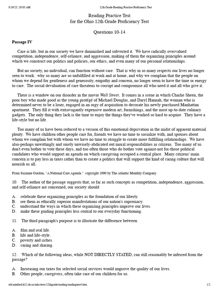 12th Grade Reading Practice Test Passage 4 | PDF | Psychological ...