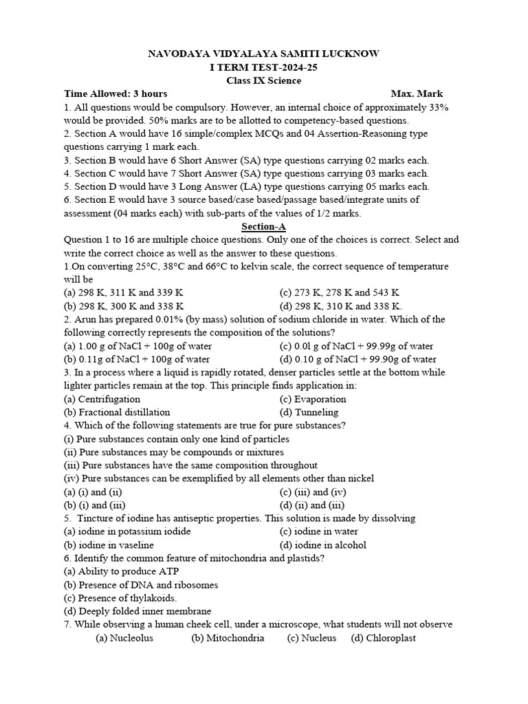 Class IX Science Term Test 2024-25 | PDF | Tissue (Biology) | Chloroplast