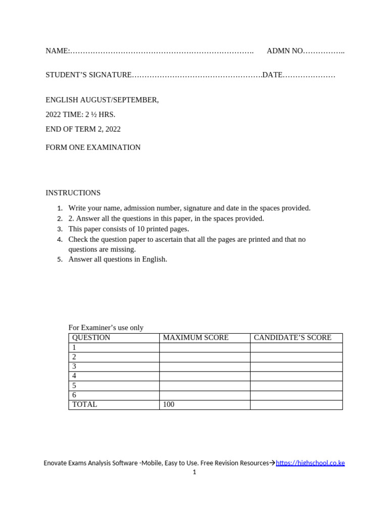 Form One English Exam Paper 2022 | PDF | Child Labour | Speed Reading