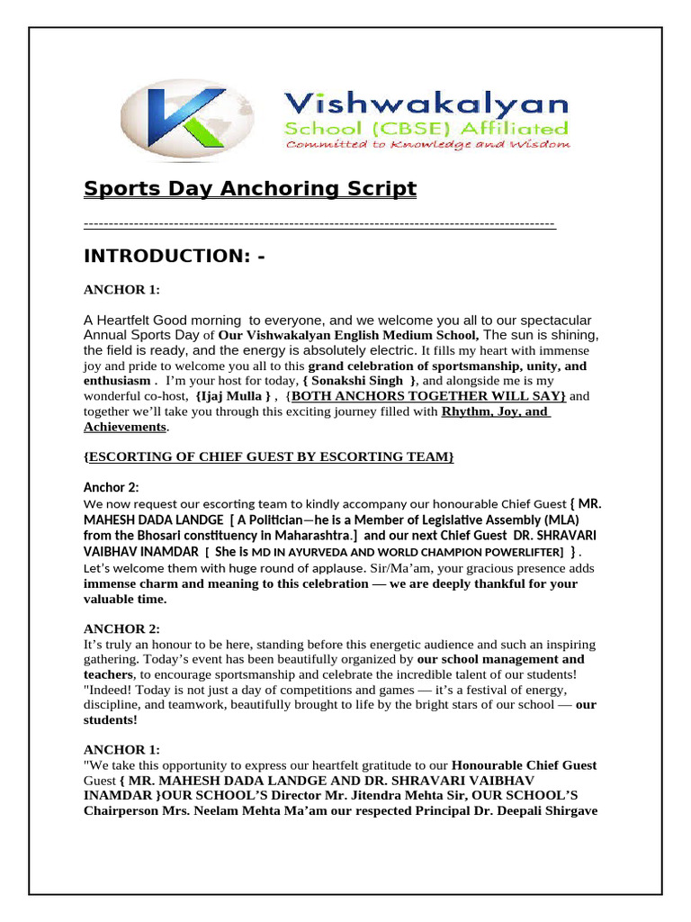 Annual Sports Day Anchoring Script | PDF | Asana