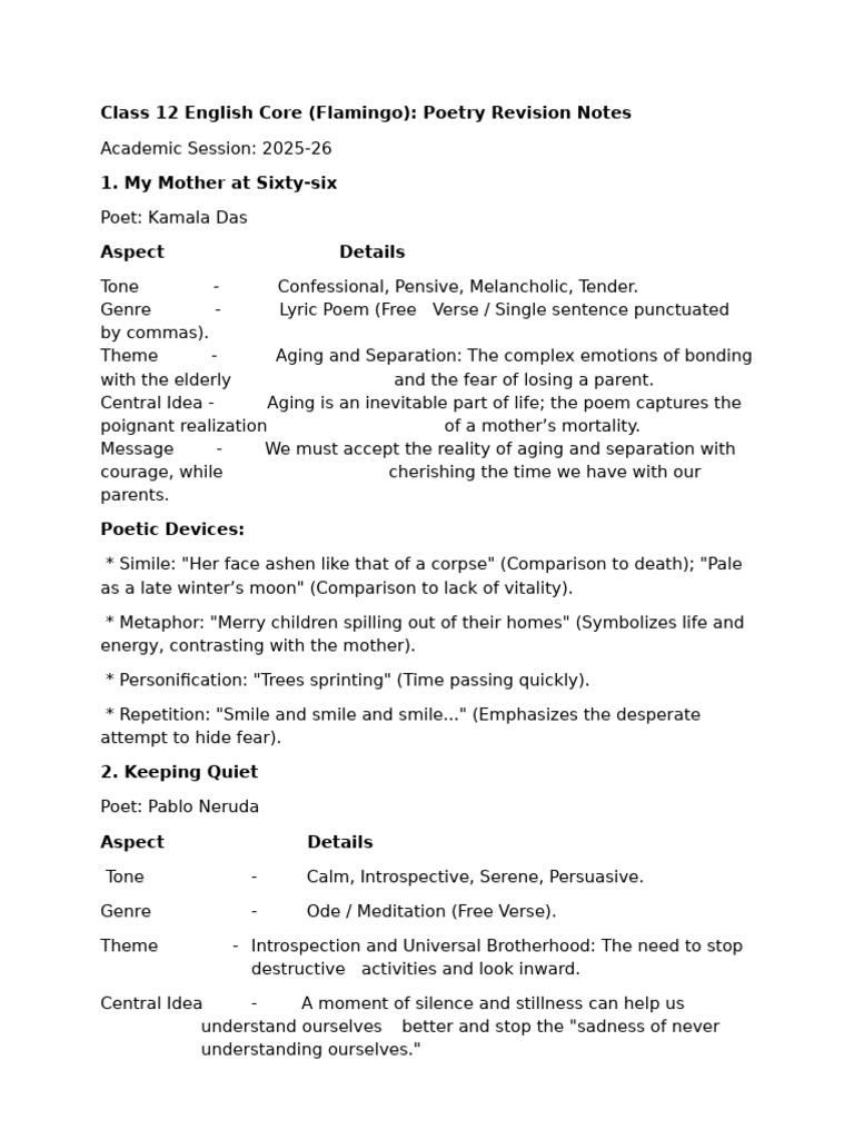 Class 12 English Poetry Revision Notes | PDF | Poetry
