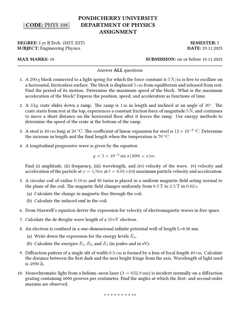 Physics Assignment | PDF | Waves | Diffraction