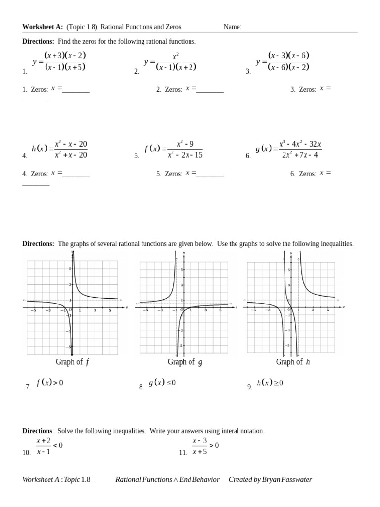 Rational Functions Zeros Worksheet | PDF