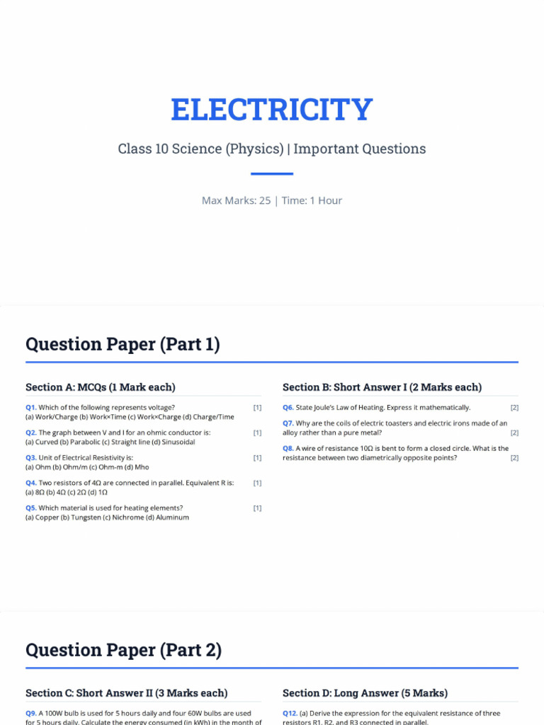 Class 10 Physics Electricity Test | PDF