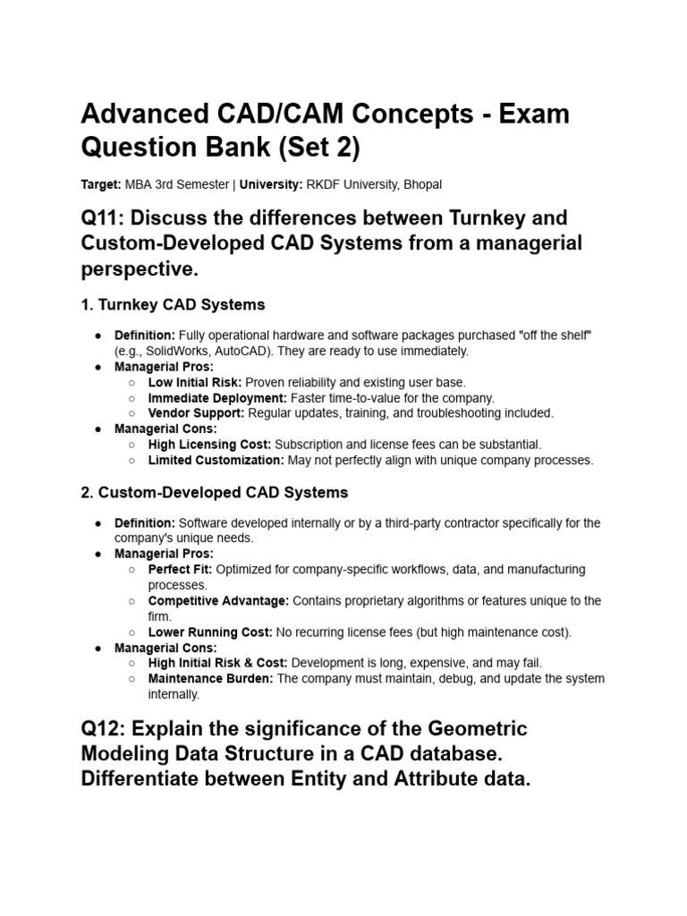 CAD/CAM Exam Question Bank for MBA | PDF | Product Lifecycle | Finite ...