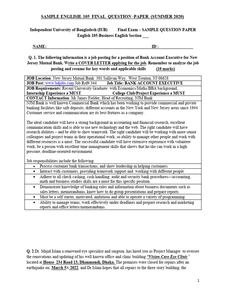 ENG105 Sample Final Exam Questionnaire (1) | PDF