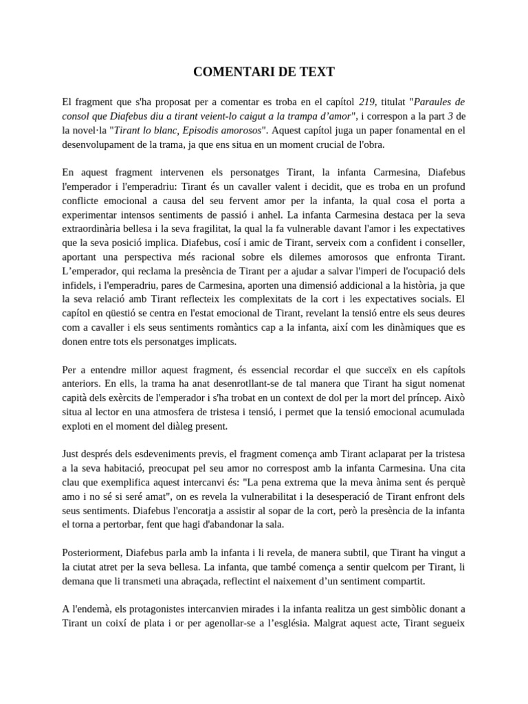 Prova Comentari de Text Tirant Lo Blanc | PDF