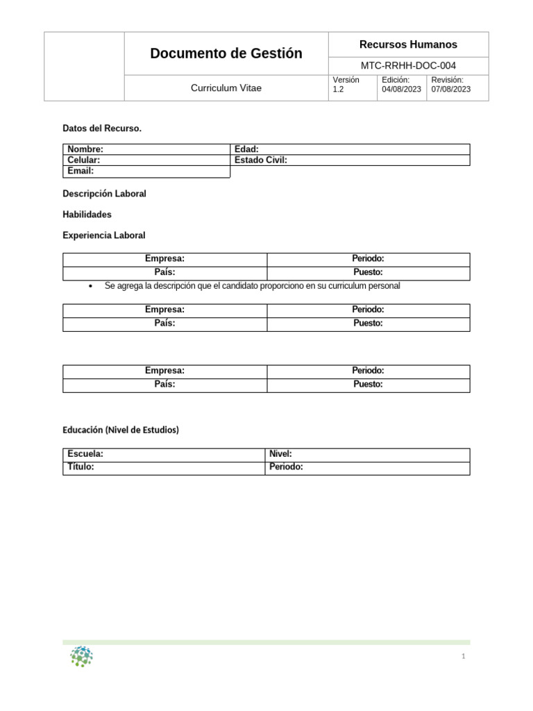 MTC RRHH DOC 004 V1.2 Curriculum Vitae | PDF