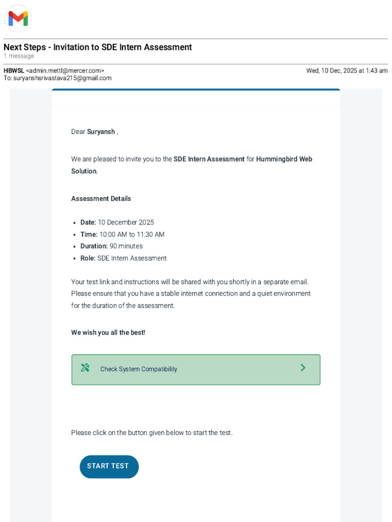 SDE Intern Assessment Invitation | PDF