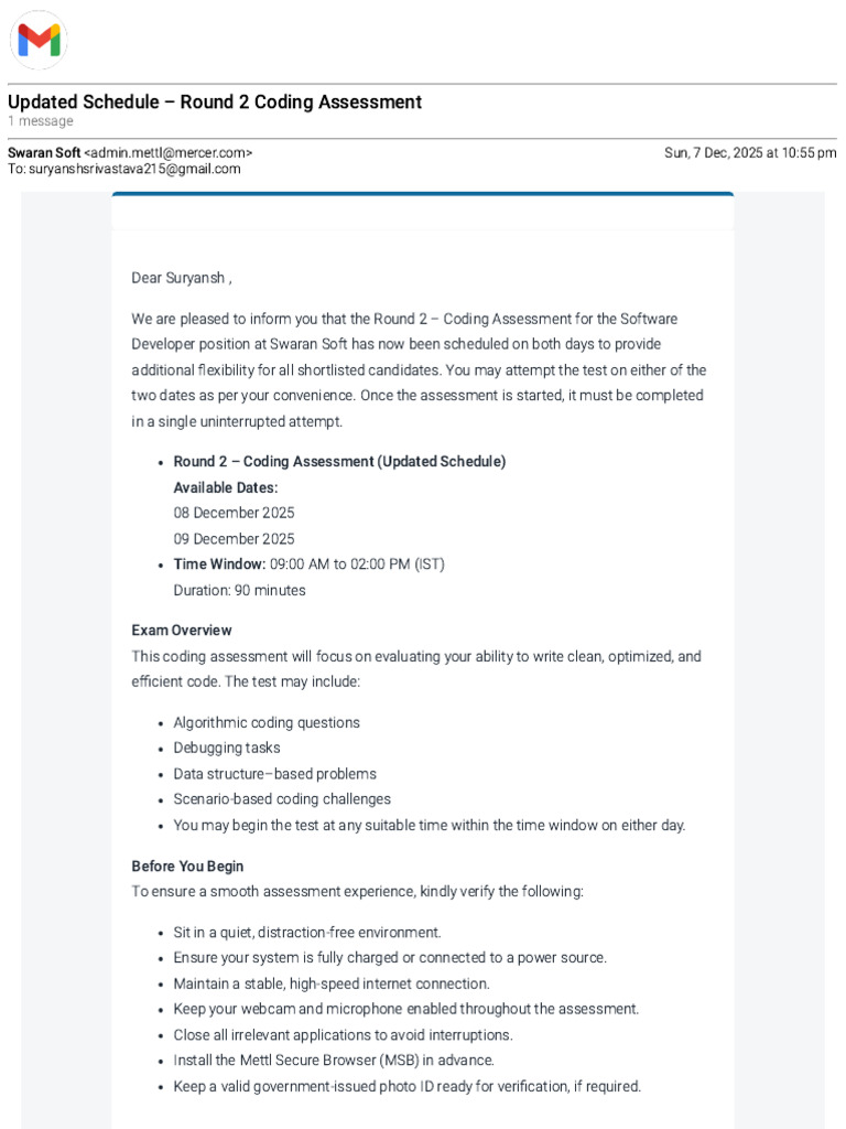 Gmail - Updated Schedule - Round 2 Coding Assessment | PDF | Computer ...