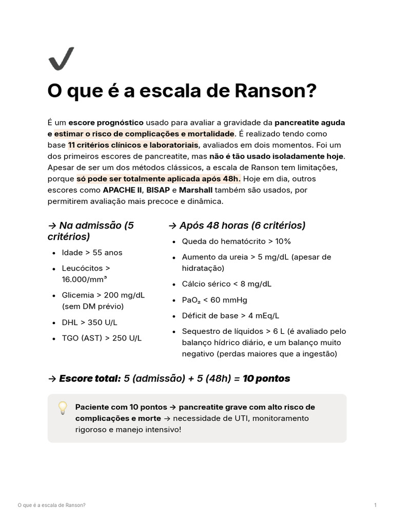 Escala de Ranson na Pancreatite Aguda | PDF