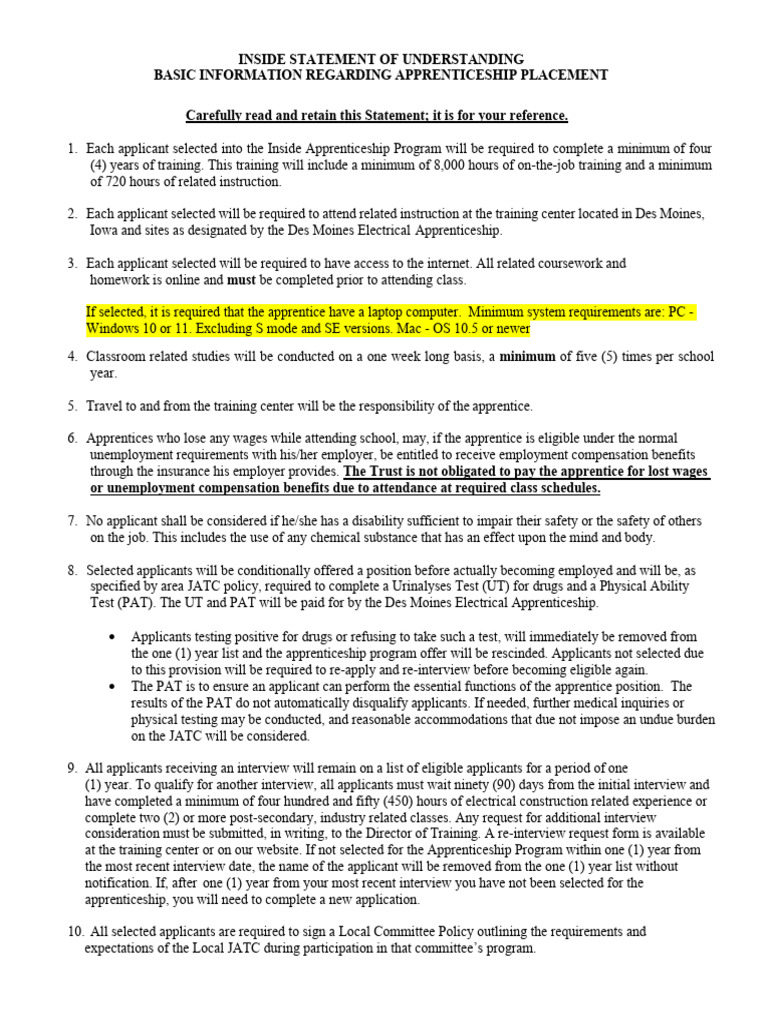 2025 Inside Statement of Understanding | PDF | Apprenticeship | Employment