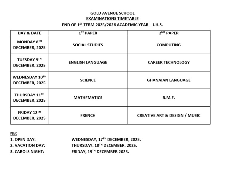 Examinations Time Table - Jhs | PDF