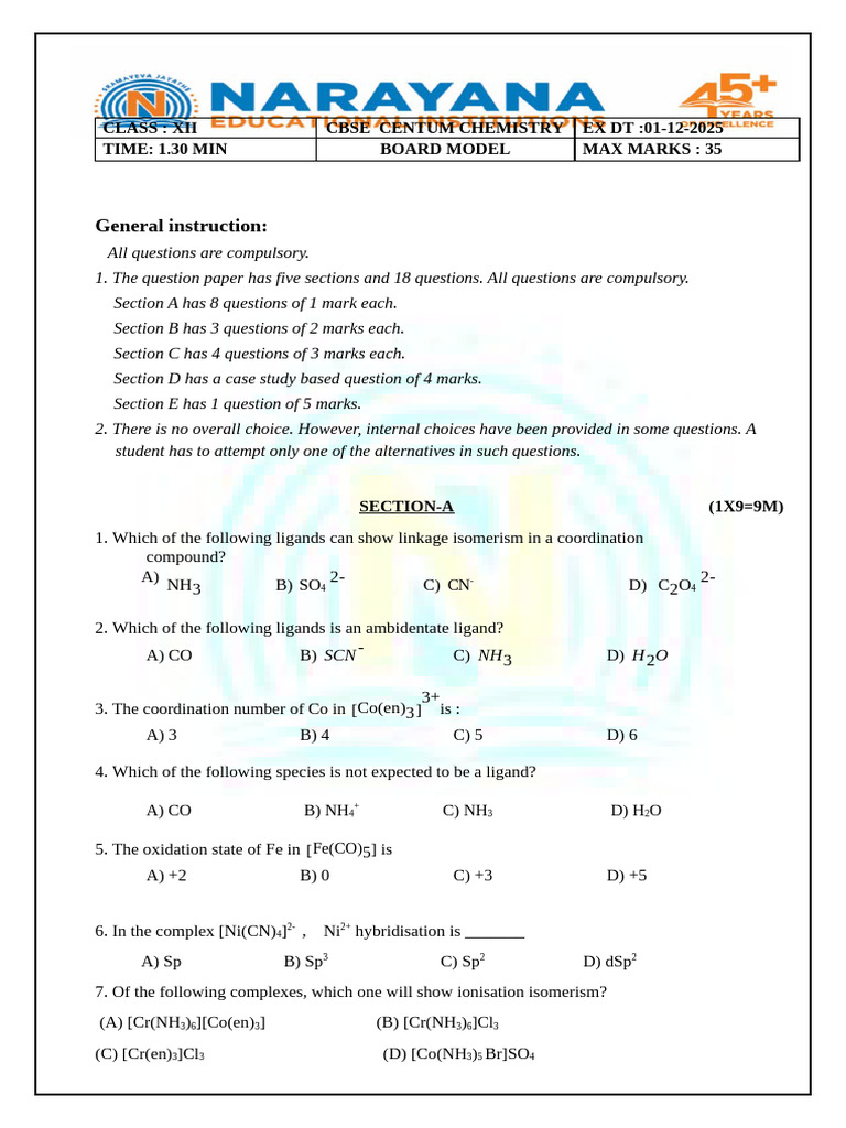 CBSE Class 12 Chemistry Model Paper | PDF | Coordination Complex | Ligand