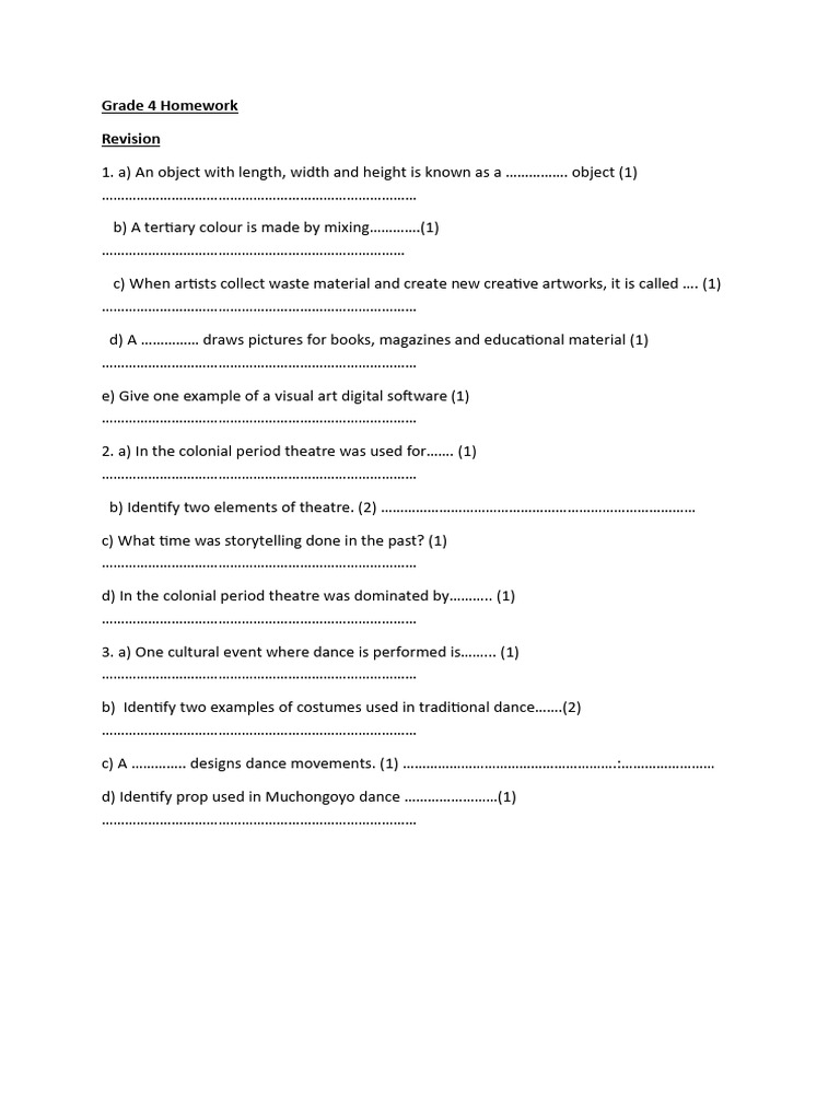 Grade 4 Arts and Theatre Homework | PDF