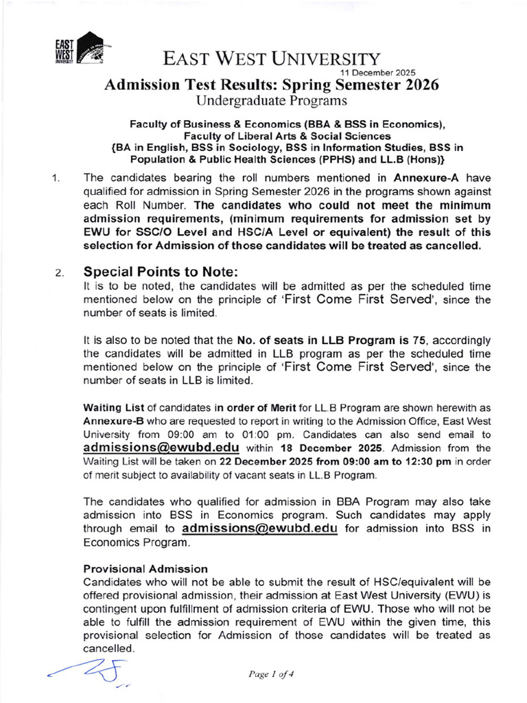 1 FBE & FLSS Admission Test Results_Spring Semester 2026 | PDF | Higher ...