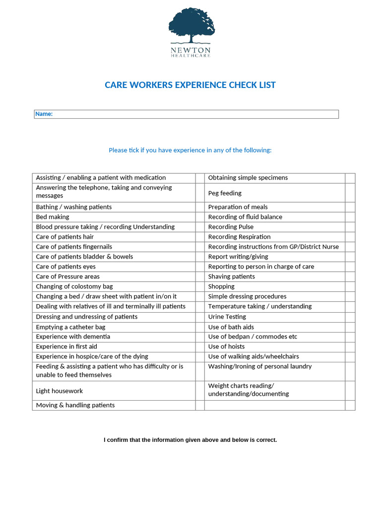 Care Workers Experience Check List | PDF | Surgery | Intensive Care Unit