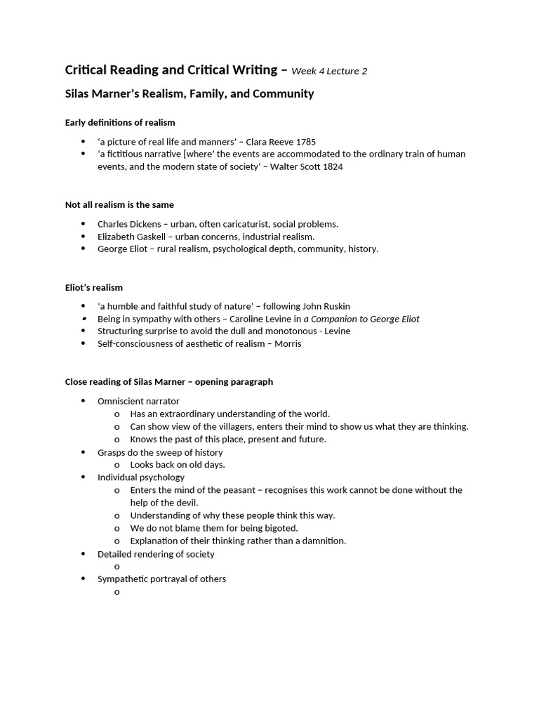 Silas Marner - Week 4 Lecture 2 - Critical Reading and Critical Writing ...