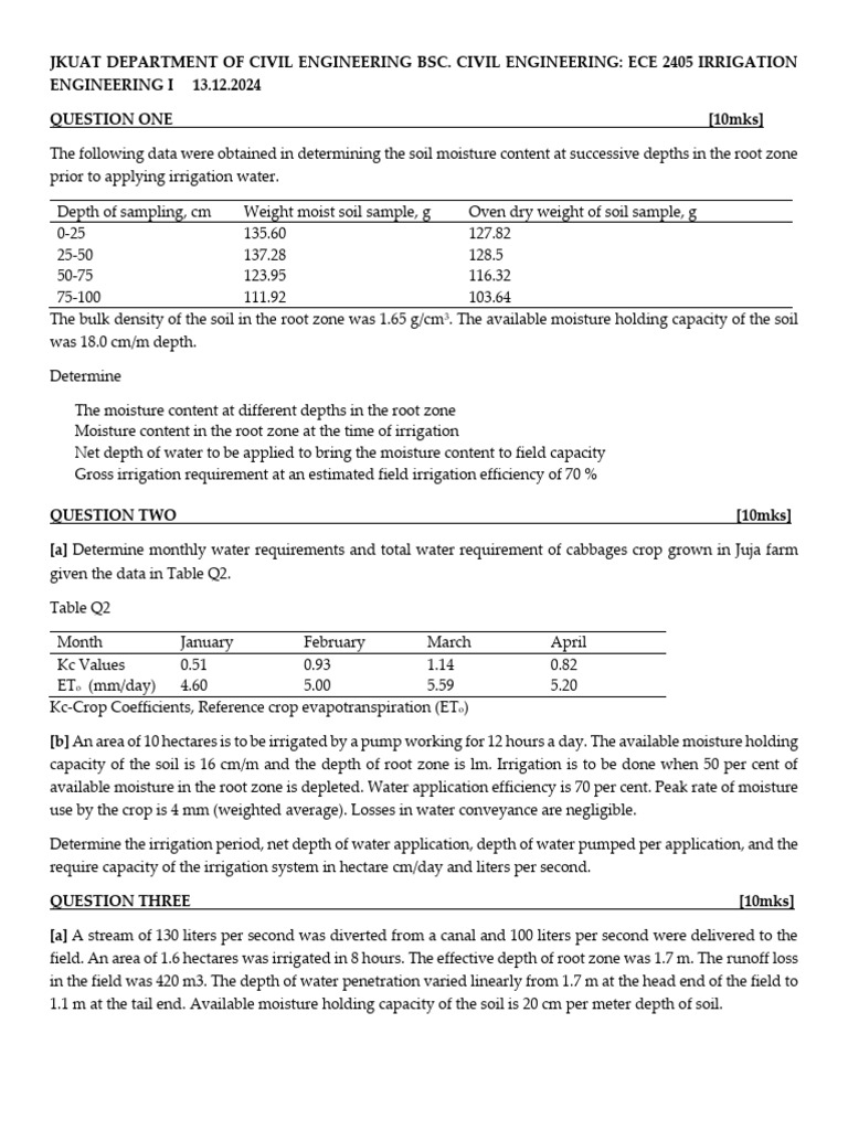 Cat Bsc. Civil Engineering 13.12.2024 | PDF | Irrigation | Soil