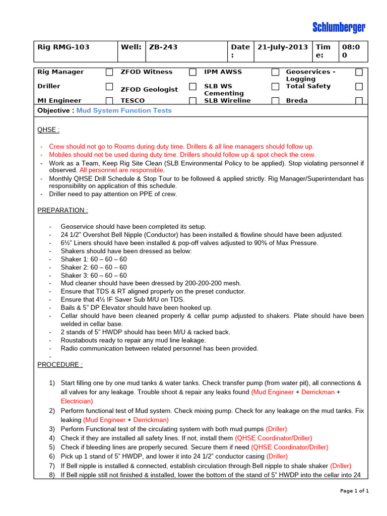 Mud System Function Test Procedures | PDF | Pump | Leak
