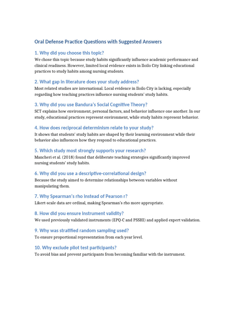Oral Defense Questions for Nursing Study | PDF