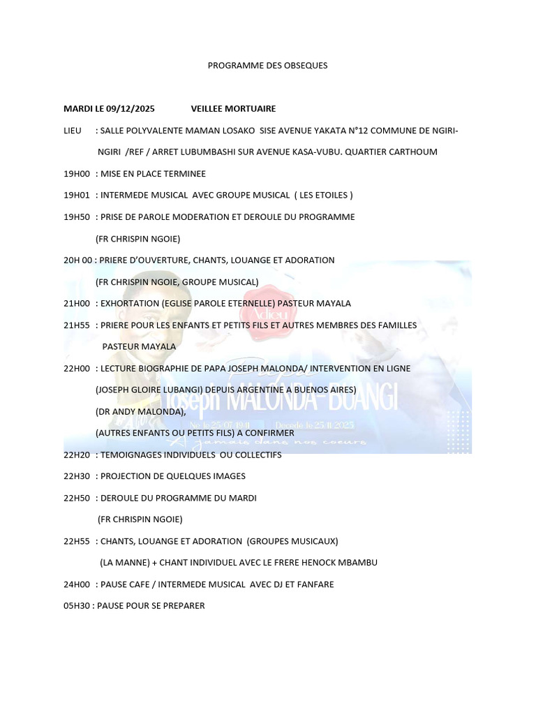 Programme des Obsèques de Papa Joseph Malonda | PDF