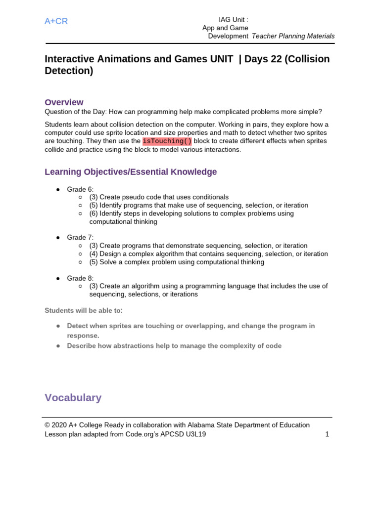 IAG.22 Collision Detection Lesson Plan | PDF | Computer Programming ...