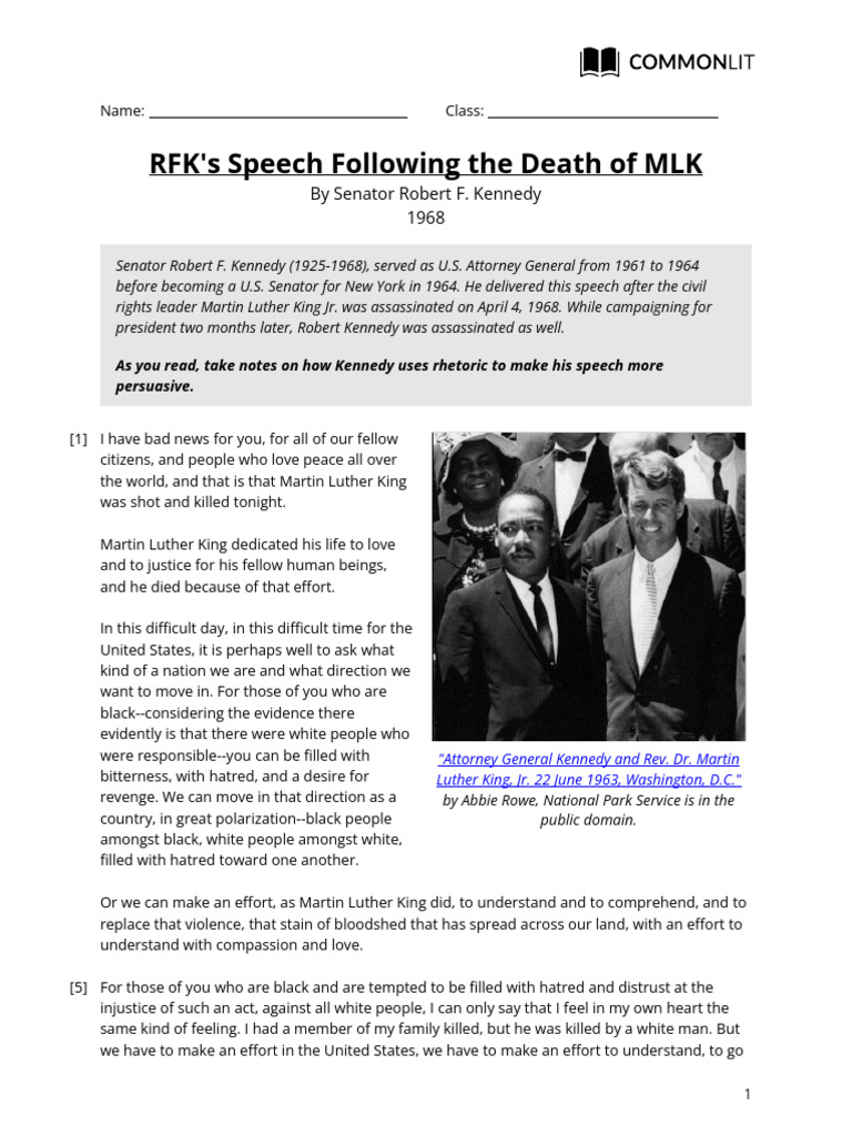 RFK's MLK Assassination Speech Analysis | PDF | Robert F. Kennedy ...