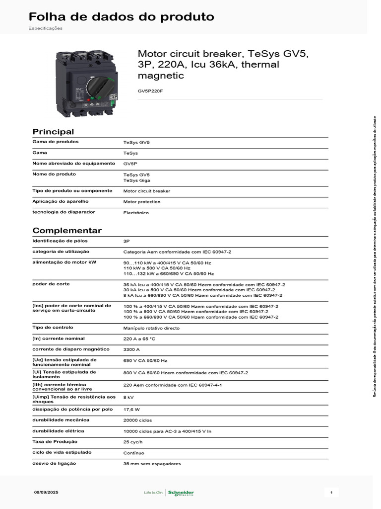 Disjuntor Motor TeSys GV5 220A 3P | PDF